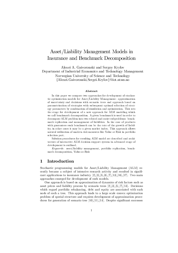 (PDF) Asset/Liability Management Models in Insurance and Benchmark ...