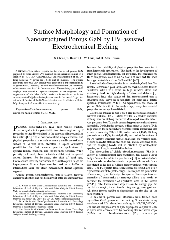 (PDF) Surface Morphology and Formation of Nanostructured Porous GaN by UV-assisted ...