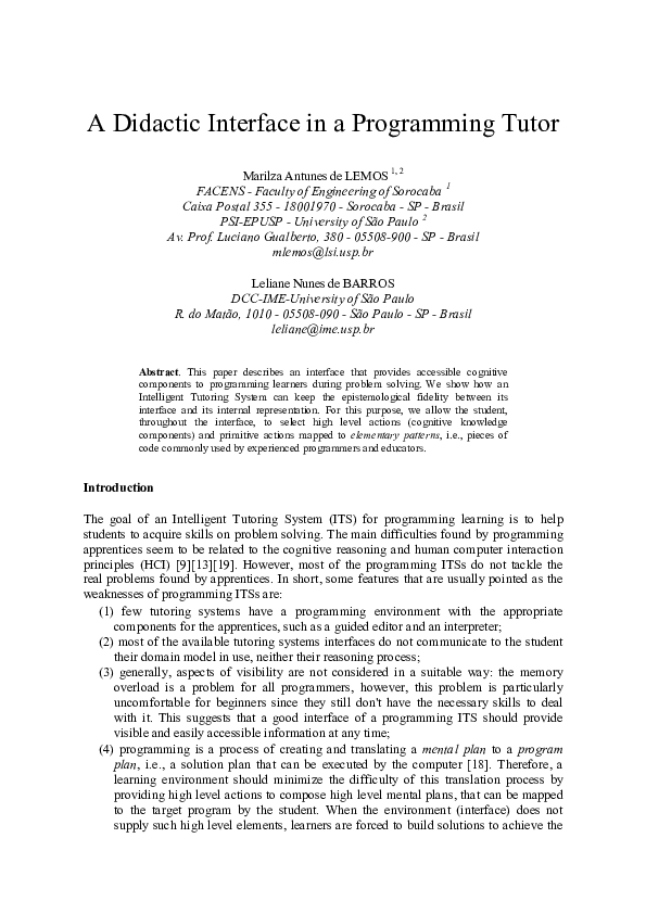 (PDF) A Didactic Interface in a Programming Tutor