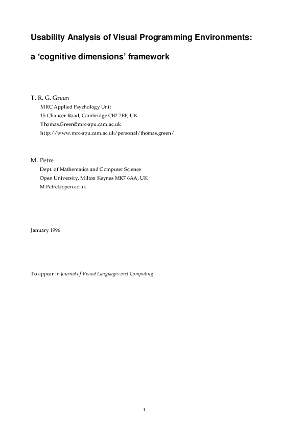 Pdf Usability Analysis Of Visual Programming Environments A Cognitive Dimensions Framework