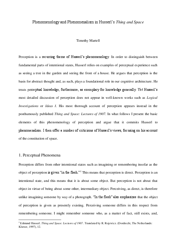 (DOC) Phenomenology and Phenomenalism in Husserl's Thing and Space
