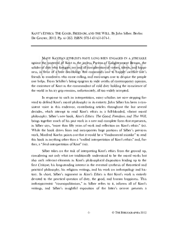 (PDF) Kant's Moral Philosophy: Review of John Silber's "Kant's Ethics ...