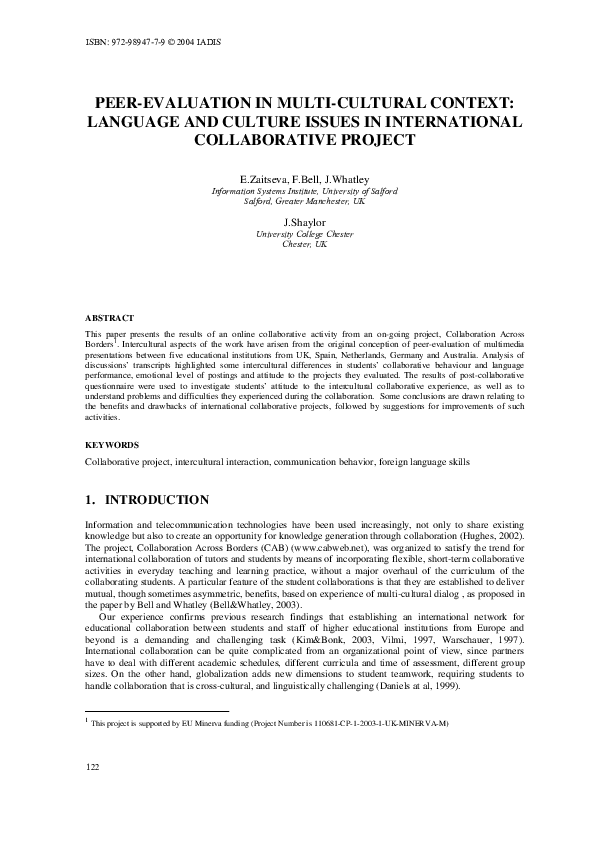 (PDF) Peer-Evaluation in Multicultural Context: Language and Culture Issues in International ...