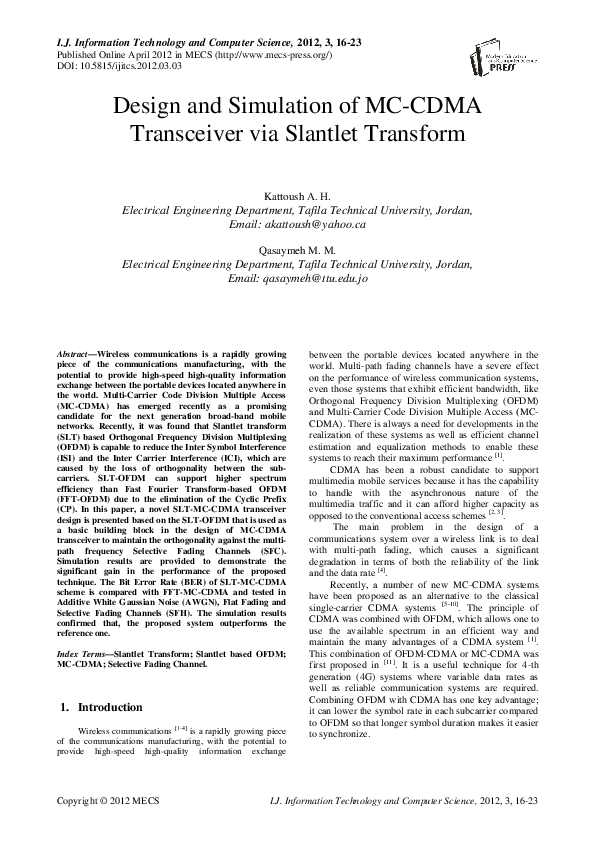 (PDF) Design and Simulation of MC-CDMA Transceiver via Slantlet Transform