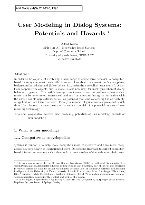 (PDF) User modeling in dialog systems: Potentials and hazards