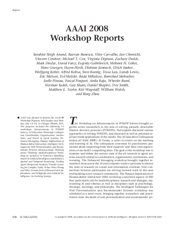 (PDF) AAAI 2008 Workshop Reports