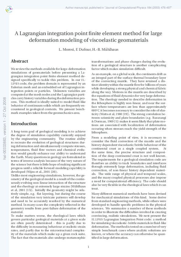Pdf A Lagrangian Integration Point Finite Element Method For Large