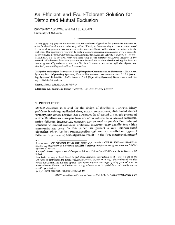 (PDF) An efficient and fault-tolerant solution for distributed mutual exclusion