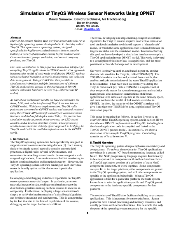Pdf Simulation Of Tinyos Wireless Sensor Networks Using Opnet