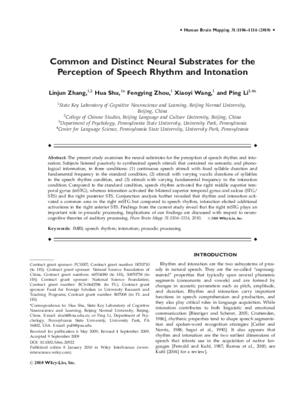 Pdf Common And Distinct Neural Substrates For The Perception Of Speech Rhythm And Intonation