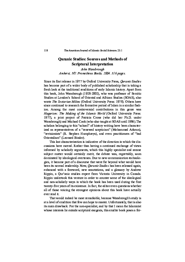 (PDF) Quranic Studies. Sources and Methods of Scriptural Interpretation