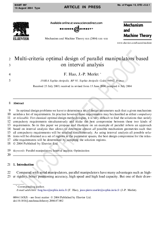 (PDF) Multi-criteria optimal design of parallel manipulators based on interval analysis