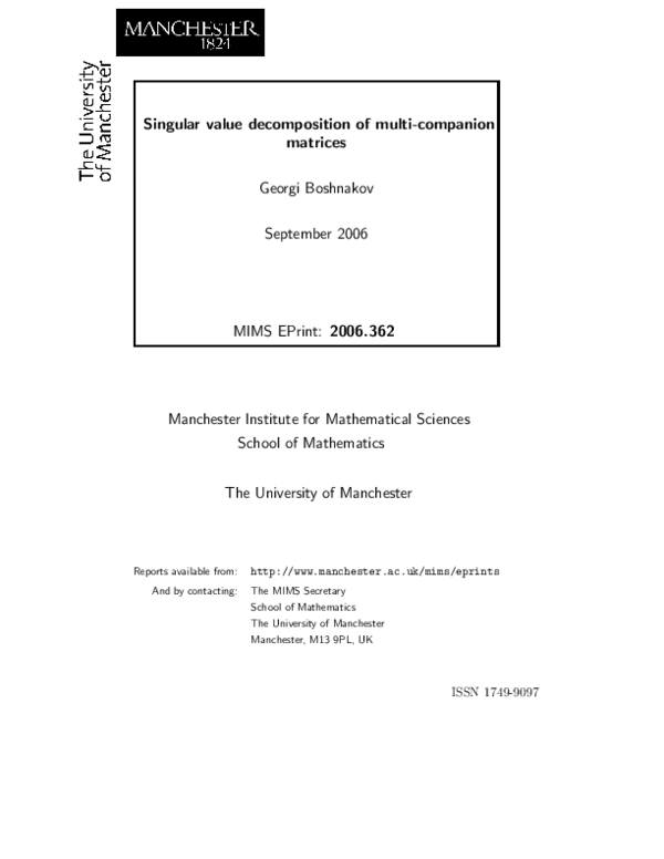 Pdf Singular Value Decomposition Of Multi Companion Matrices