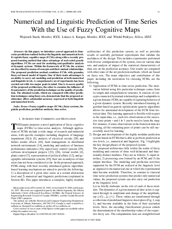 (PDF) Numerical and linguistic prediction of time series with the use of fuzzy cognitive maps