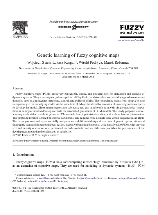 (PDF) Genetic learning of fuzzy cognitive maps
