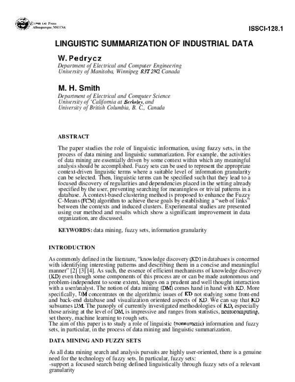(PDF) LINGUISTIC SUMMARIZATION OF INDUSTRIAL DATA