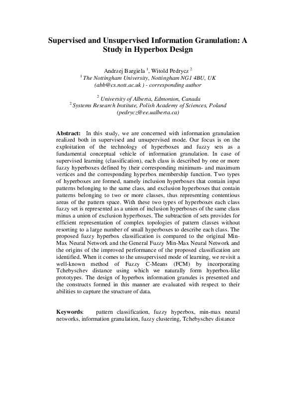 (PDF) Supervised and Unsupervised Information Granulation: A Study in Hyperbox Design