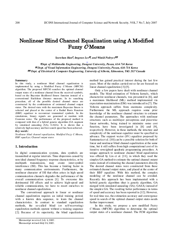 (PDF) Nonlinear Blind Channel Equalization using A Modified Fuzzy C-Means