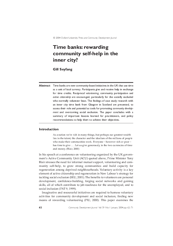 (PDF) Time banks: rewarding community self-help in the inner city?