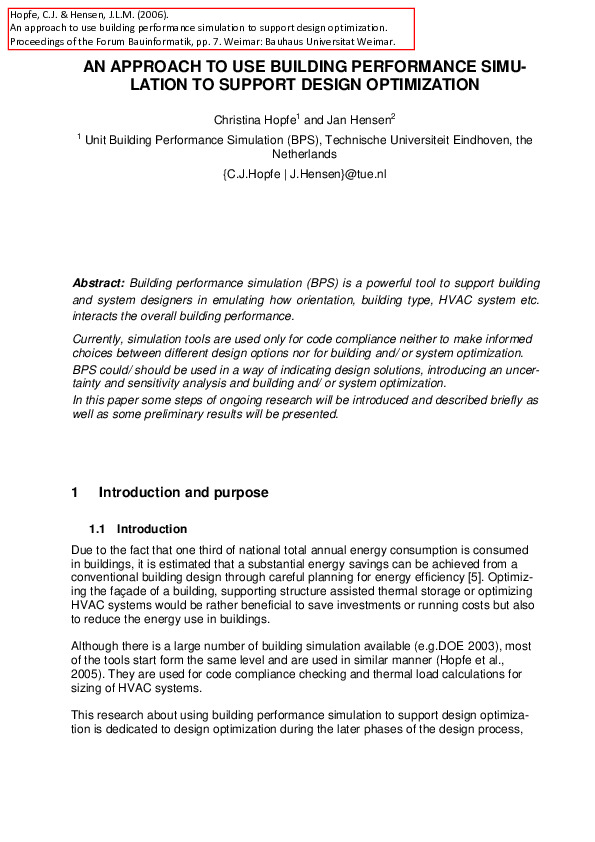 Pdf An Approach To Use Building Performance Simulation To Support Design Optimization