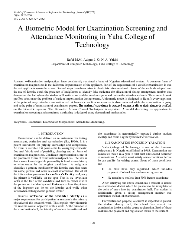 (PDF) A Biometric Model for Examination Screening and Attendance ...