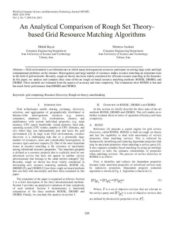(PDF) An Analytical Comparison of Rough Set Theory-based Grid Resource Matching Algorithms