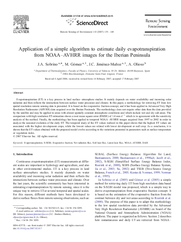 (PDF) Application of a simple algorithm to estimate daily evapotranspiration from NOAA–AVHRR ...