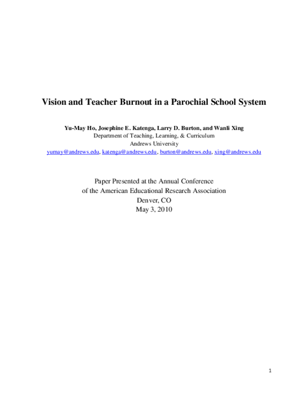 (PDF) Vision and Teacher Burnout in a Parochial School System