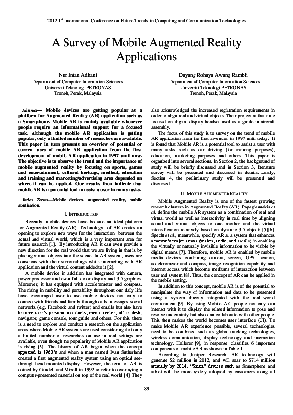 Pdf A Survey Of Mobile Augmented Reality Applications