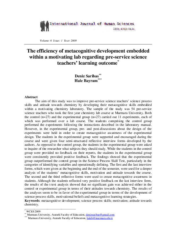 (PDF) The efficiency of metacognitive development embedded within a motivating lab regarding pre ...