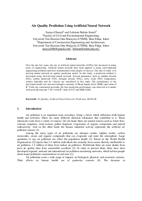 Pdf Air Quality Prediction Using Artificial Neural Network