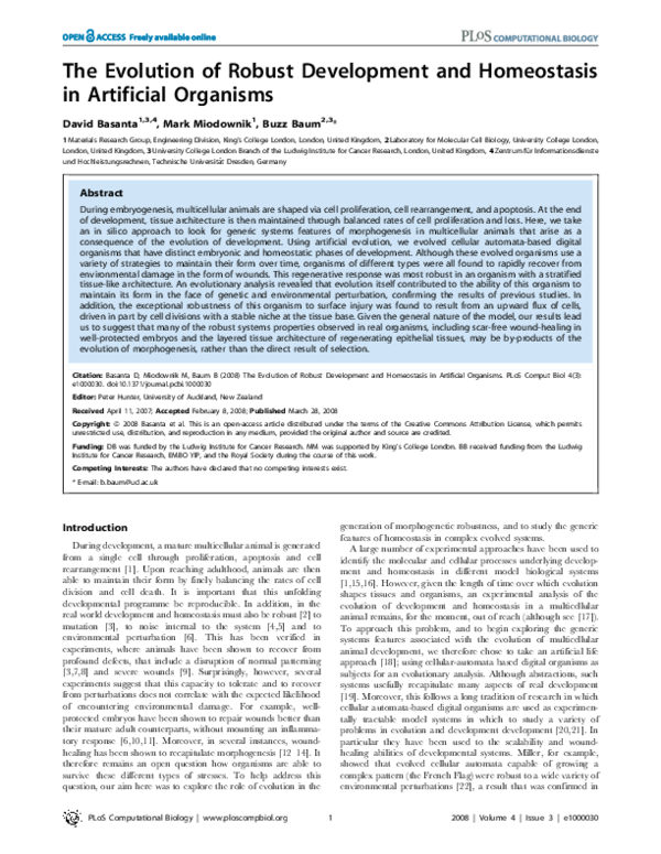 (PDF) The evolution of robust development and homeostasis in artificial ...