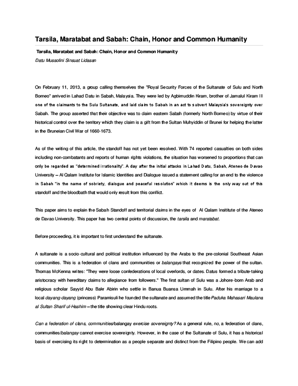 (PDF) Tarsila, Maratabat and Sabah: Chain, Honor and Common Humanity