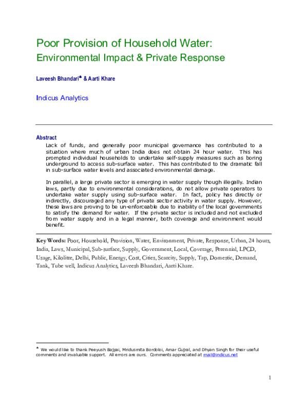 (PDF) Poor Provision of Household Water: Environmental Impact & Private ...