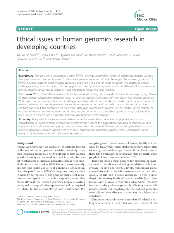 (PDF) Ethical issues in human genomics research in developing countries