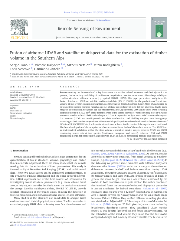 Pdf Fusion Of Airborne Lidar And Satellite Multispectral Data For The Estimation Of Timber