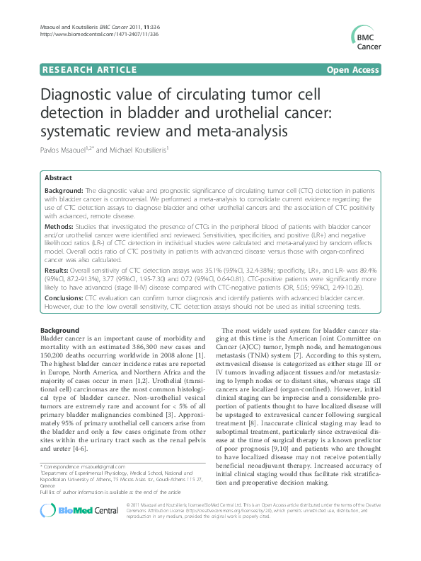 (PDF) Diagnostic value of circulating tumor cell detection in bladder and urothelial cancer ...