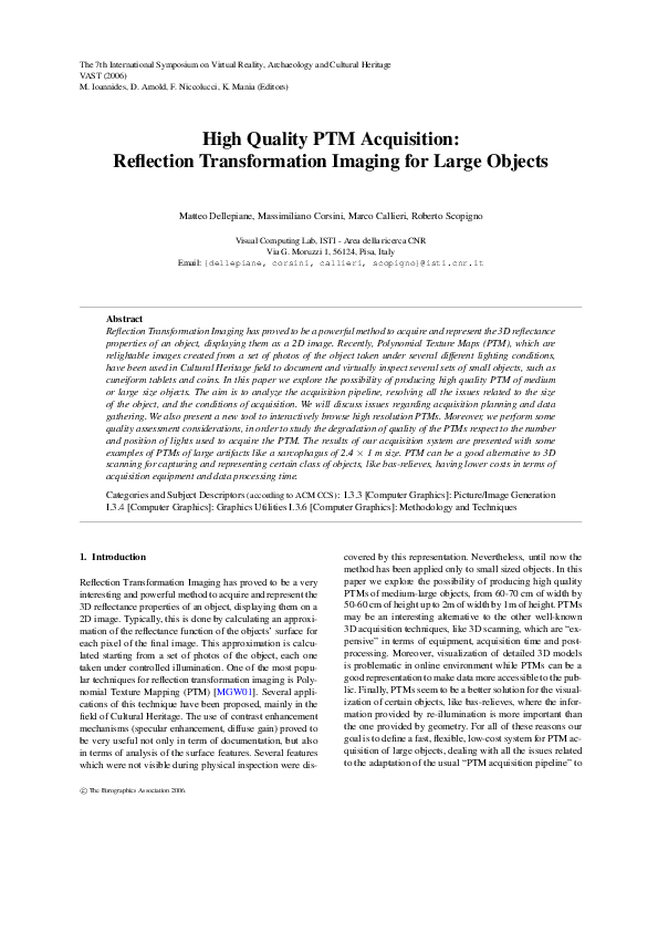 Pdf High Quality Ptm Acquisition Reflection Transformation Imaging For Large Objects