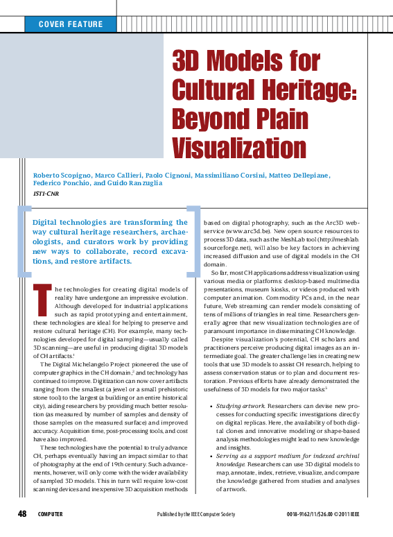 (PDF) 3D Models for Cultural Heritage: Beyond Plain Visualization