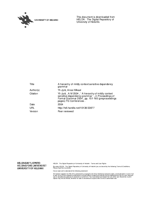 Pdf A Hierarchy Of Mildly Context Sensitive Dependency Grammars