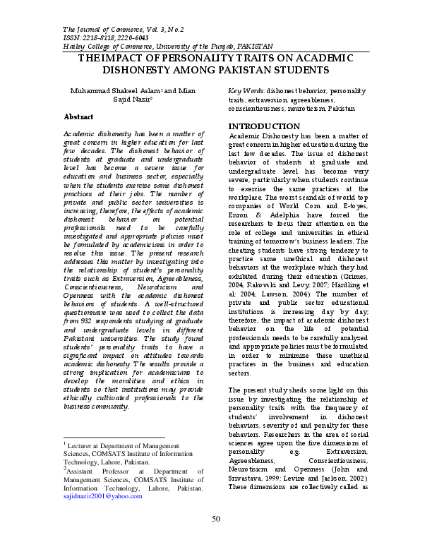 (PDF) Personality Traits and Academic Dishonesty among Pakistani Students