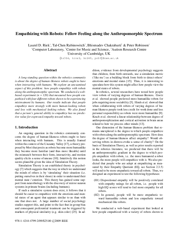 (PDF) Empathizing with robots: Fellow feeling along the anthropomorphic ...