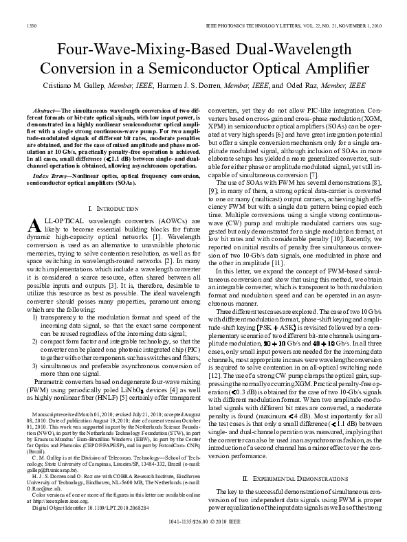 (PDF) Four-Wave-Mixing-Based Dual-Wavelength Conversion in a Semiconductor Optical Amplifier