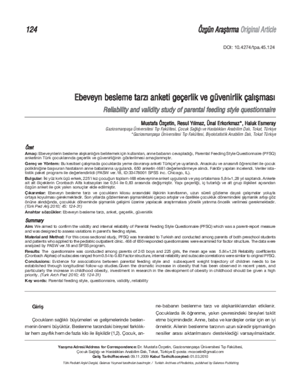 (PDF) Reliability and validity study of parental feeding style questionnaire-Original Article