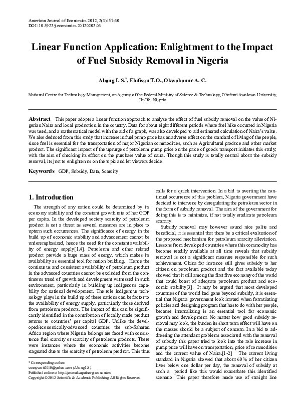 (PDF) Linear Function Application: Enlightment to the impact of fuel subsidy removal in Nigeria