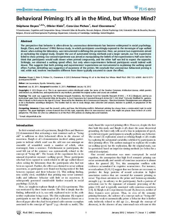 (PDF) Behavioral Priming: It's All in the Mind, but Whose Mind?