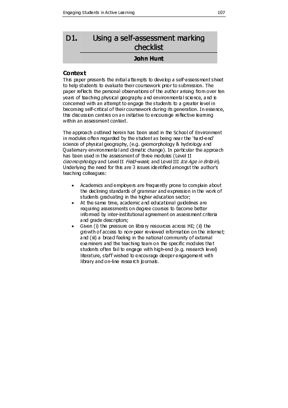 (PDF) Hunt, J. B. (2004) ‘Using a self-assessment marking checklist’: