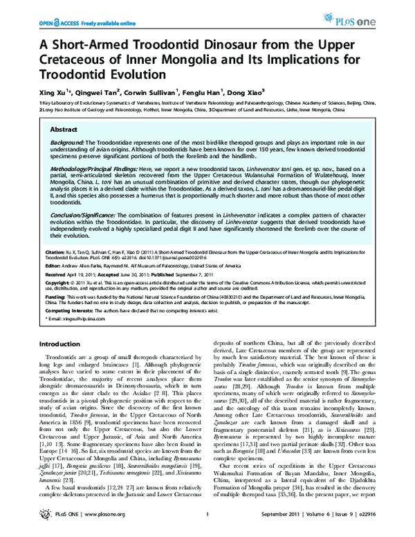 (PDF) A Short-Armed Troodontid Dinosaur from the Upper Cretaceous of ...