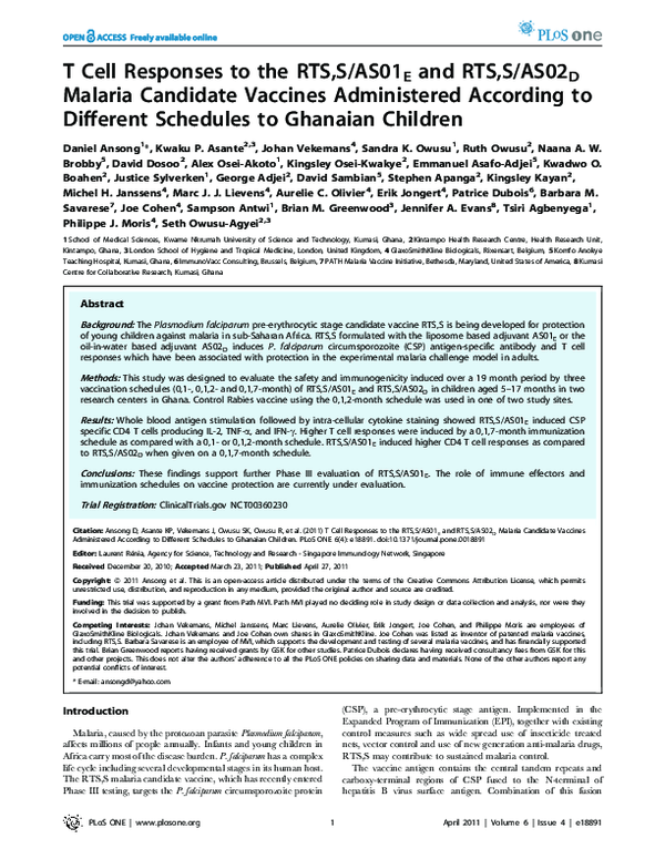 (PDF) T Cell Responses to the RTS, S/AS01E and RTS, S/AS02D Malaria ...