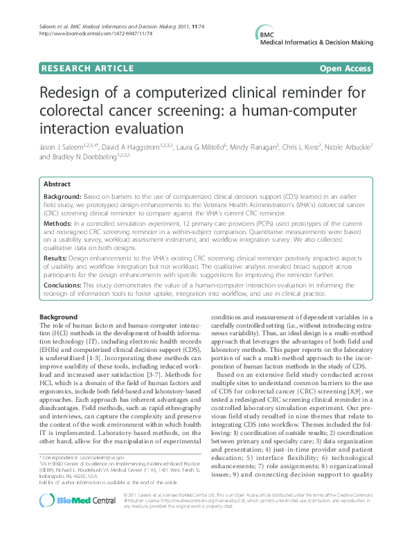 (PDF) Redesign of a computerized clinical reminder for colorectal ...